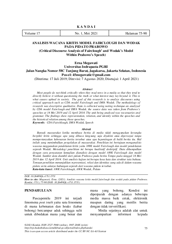 (PDF) ANALISIS WACANA KRITIS MODEL FAIRCLOUGH DAN WODAK PADA PIDATO ...