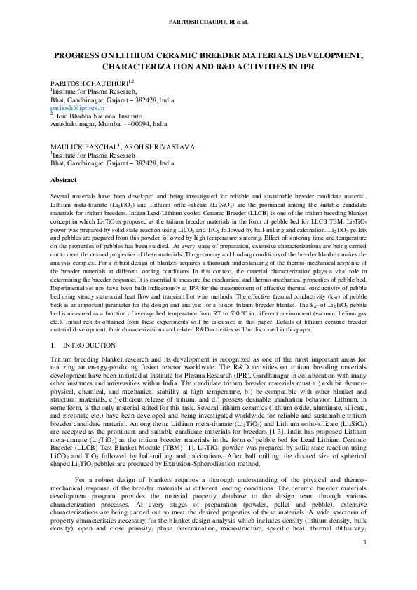 (PDF) Progress on Lithium Ceramic Breeder Materials Development ...