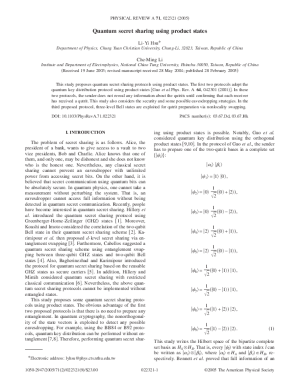 (PDF) Quantum secret sharing using product states