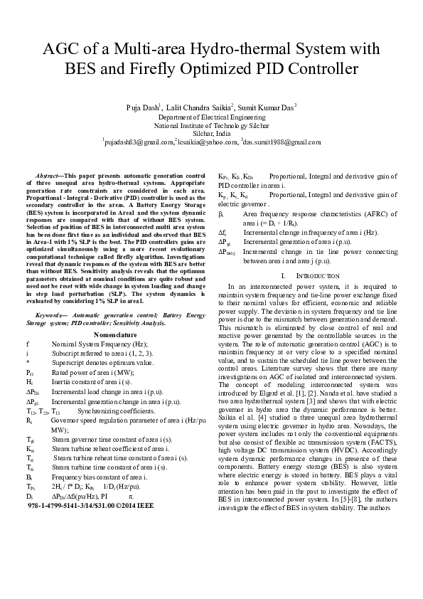 (PDF) AGC of a multi-area hydro-thermal system with BES and firefly optimized PID controller