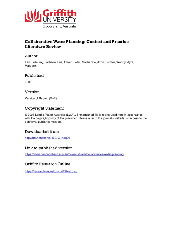 (PDF) Collaborative Water Planning: Context and Practice Literature ...