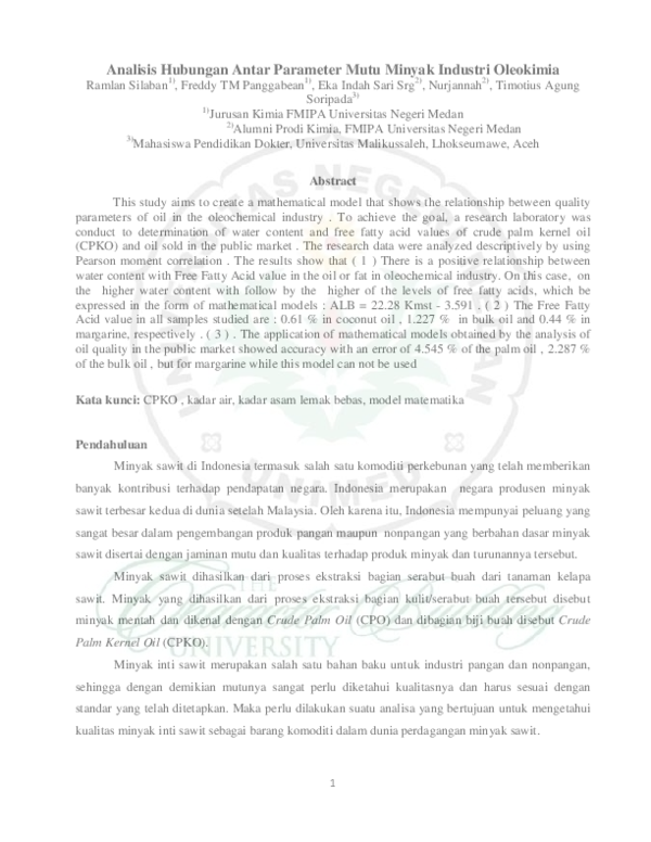 (PDF) Analisis Hubungan Antar Parameter Mutu Minyak Industri Oleokimia