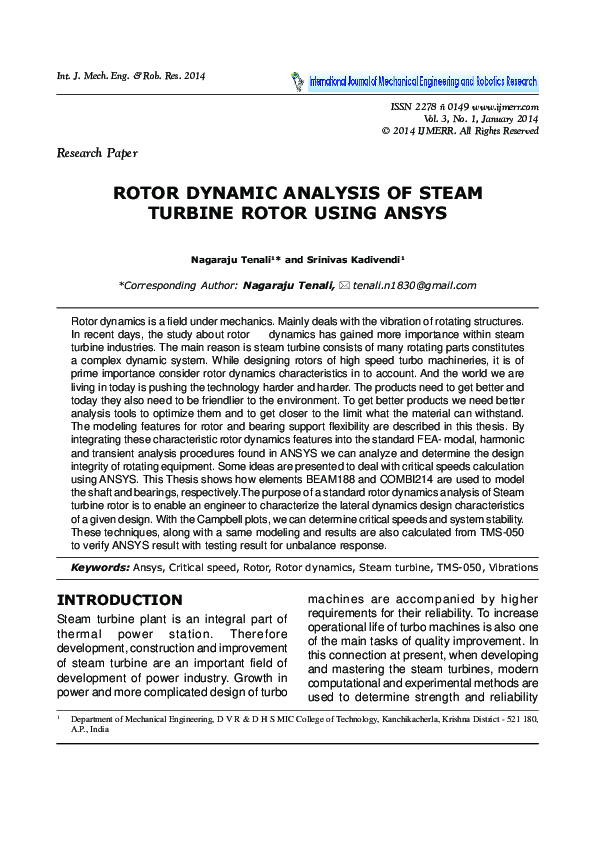 (PDF) Rotor Dynamic Analysis of Steam Turbine Rotor Using Ansys | NAGARAJU TENALI - Academia.edu