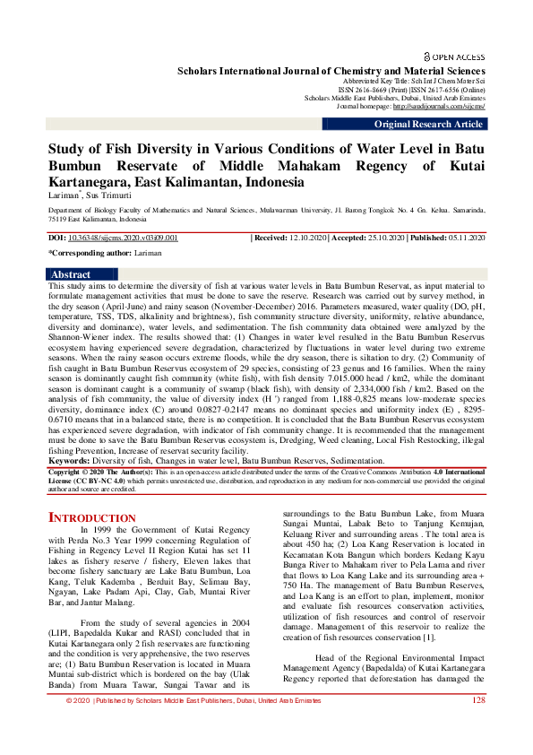 (PDF) Study of Fish Diversity in Various Conditions of Water Level in Batu Bumbun Reservate of ...