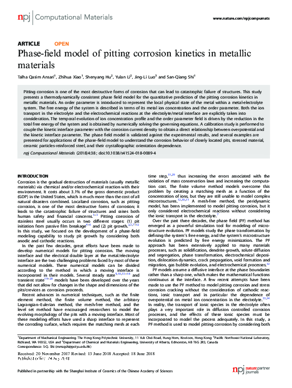 (PDF) Phase-field model of pitting corrosion kinetics in metallic materials | shenyang Hu ...