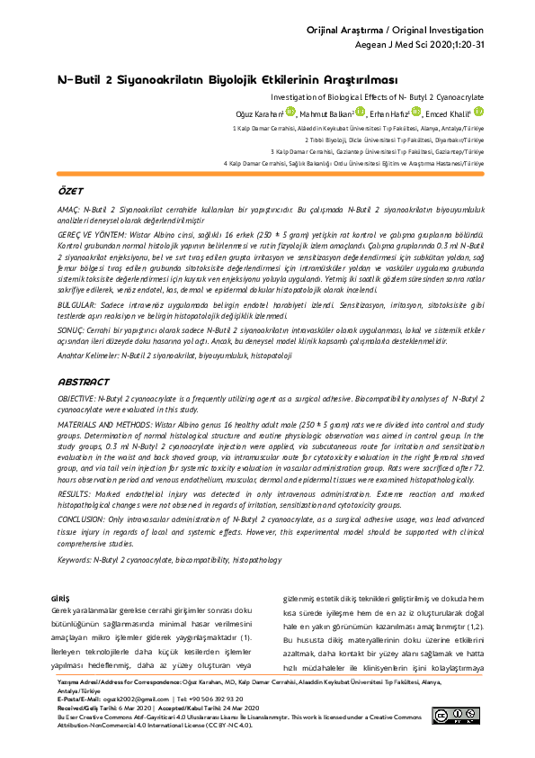 (PDF) N- Butil 2 Siyanoakrilatın Biyolojik Etkilerinin Araştırılması