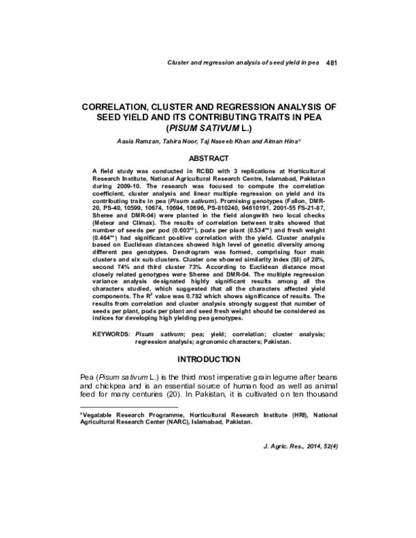 (PDF) Correlation , Cluster and Regression Analysis of Seed Yield and Its Contributing Traits in ...