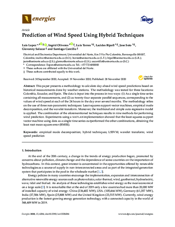 (PDF) Prediction of Wind Speed Using Hybrid Techniques. Three locations: Colombia, Ecuador and Spain