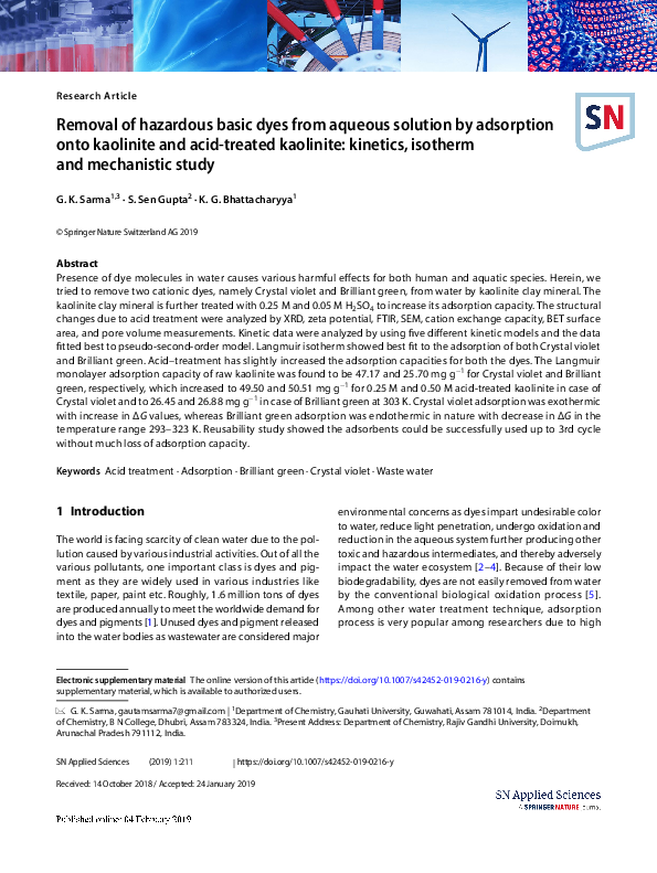 (PDF) Removal of hazardous basic dyes from aqueous solution by adsorption onto kaolinite and ...