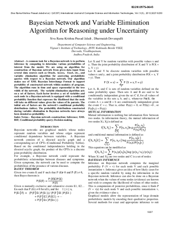 (PDF) Bayesian Network and Variable Elimination Algorithm for Reasoning under Uncertainty
