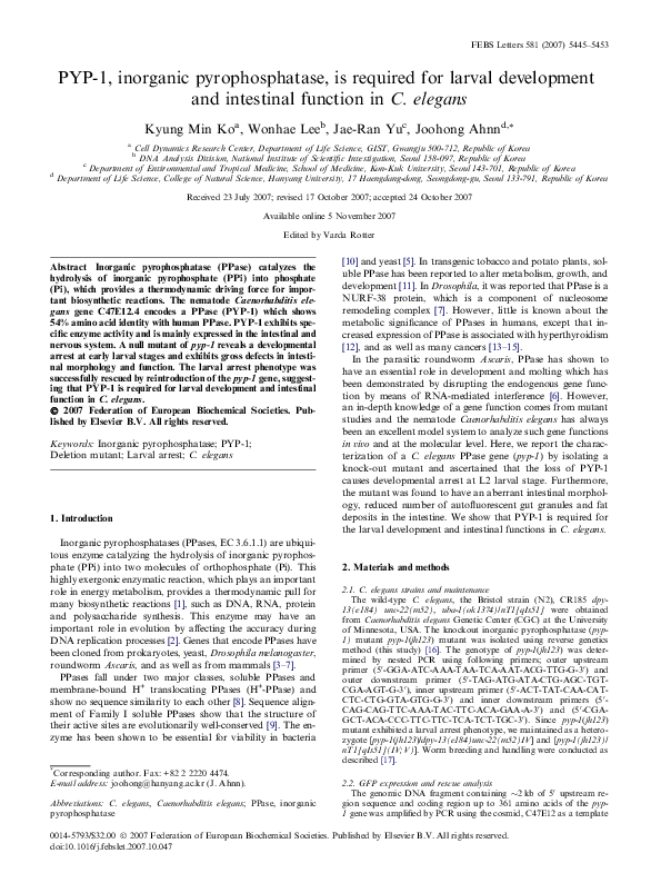 (PDF) PYP-1, inorganic pyrophosphatase, is required for larval ...
