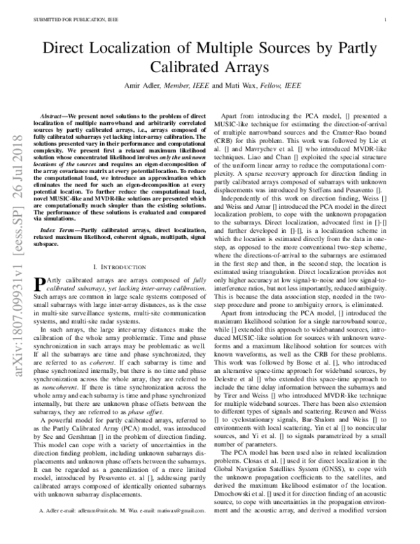 (PDF) Direct Localization of Multiple Sources by Partly Calibrated Arrays