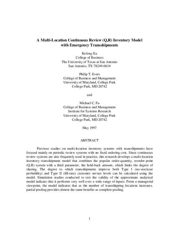 (PDF) A Multi-Location Continuous Review (Q,R) Inventory Model with ...