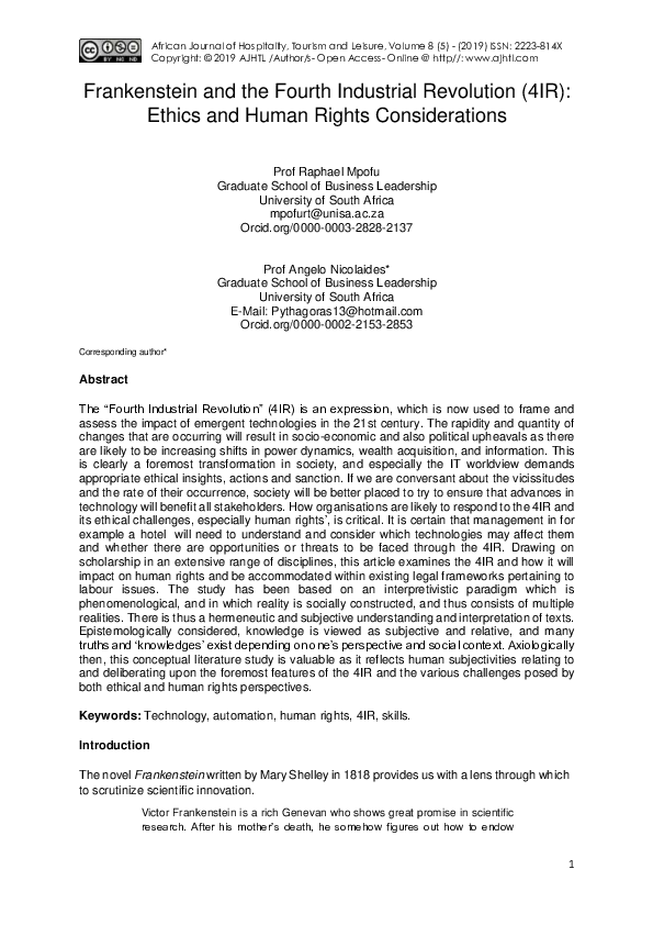 (PDF) Frankenstein and the Fourth Industrial Revolution (4IR): Ethics ...
