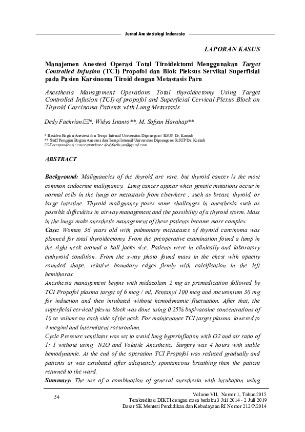 (PDF) Manajemen Anestesi Operasi Total Tiroidektomi Menggunakan Target ...