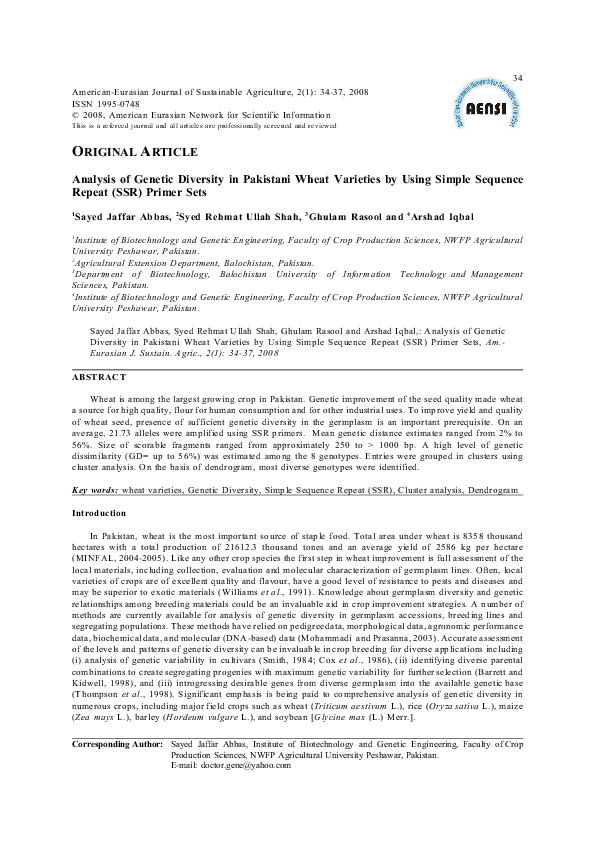 (PDF) Analysis of genetic diversity in Pakistani wheat varieties by using simple sequence repeat ...