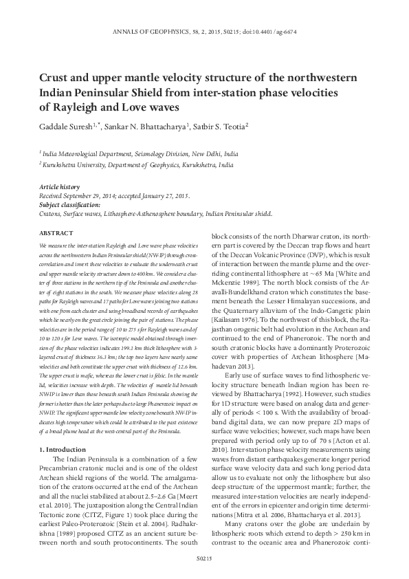 (PDF) Velocity Structure of NW Indian Peninsular Shield