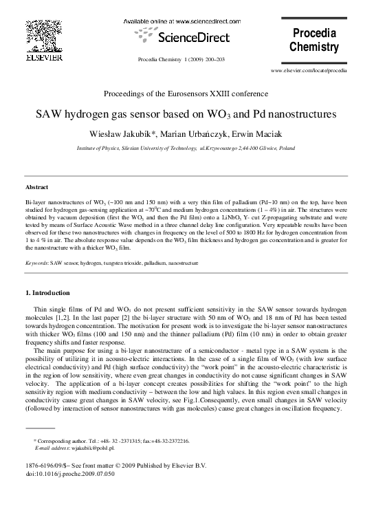 (PDF) SAW hydrogen gas sensor based on WO3 and Pd nanostructures