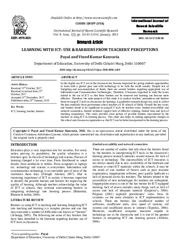(PDF) Learning with ICT: Use and Barriers from Teachers’ Perceptions