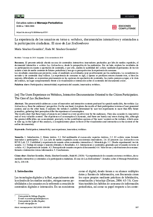 (PDF) La experiencia de los usuarios en torno a ‘webdocs’, documentales interactivos y ...