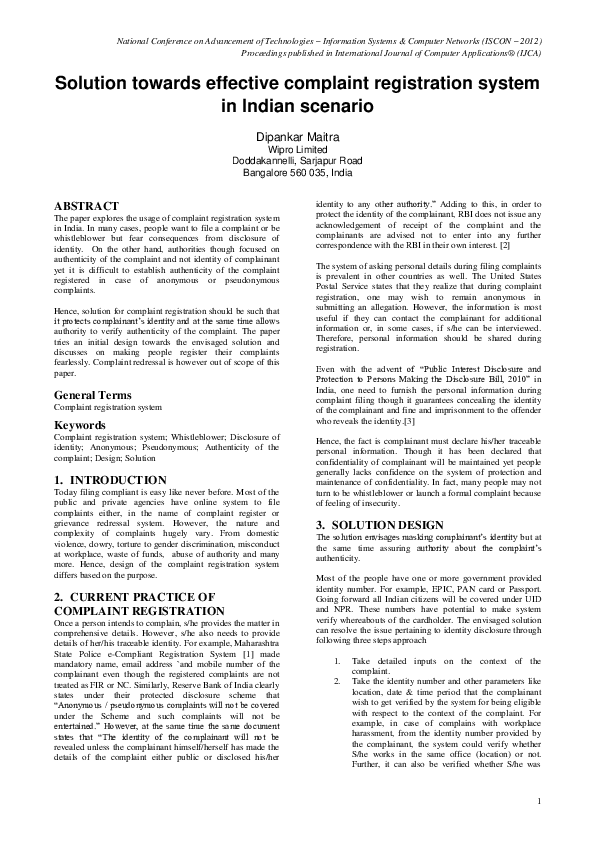 (PDF) Solution towards Effective Complaint Registration System in ...