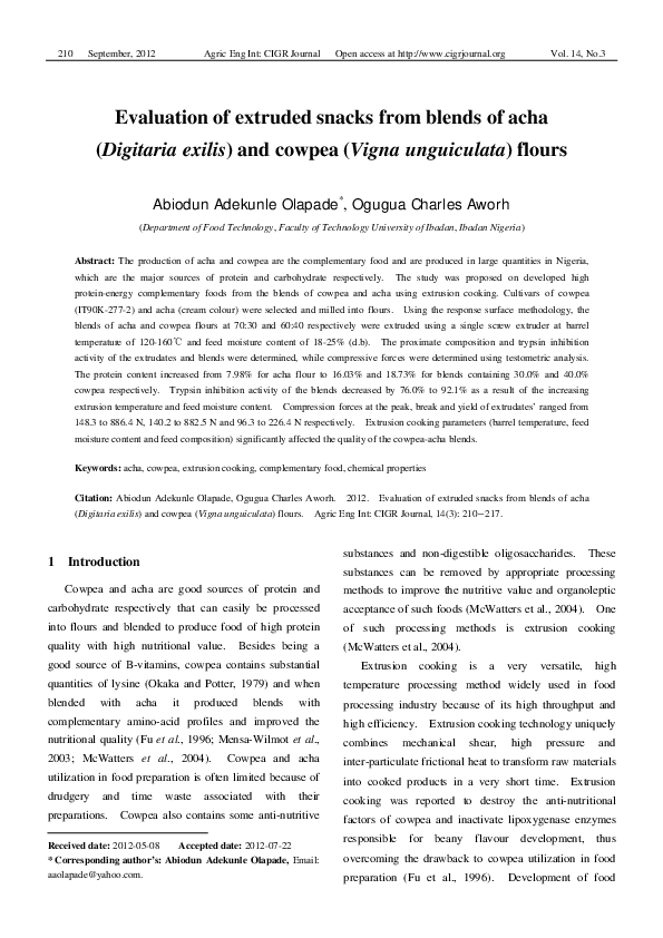 (PDF) Evaluation of extruded snacks from blends of acha (Digitaria ...
