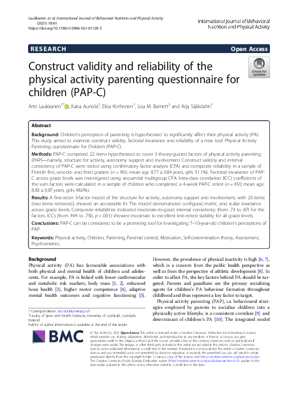 (PDF) Construct validity and reliability of the physical activity ...
