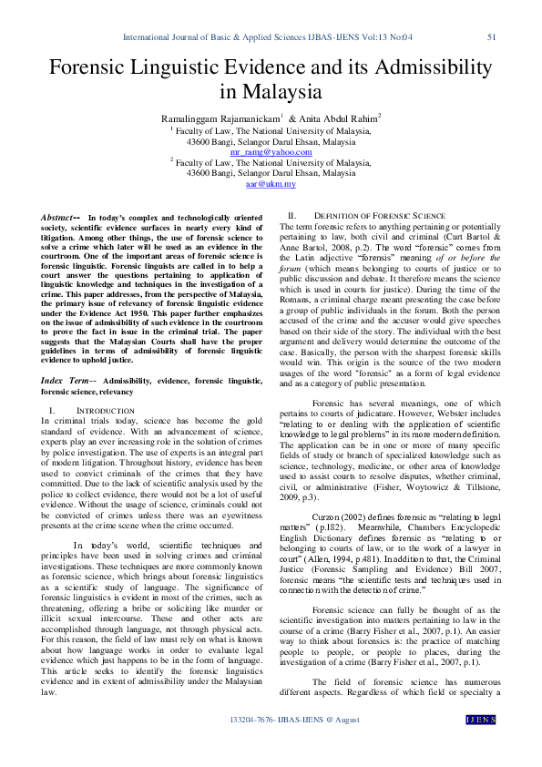 (PDF) Forensic Linguistic Evidence and its Admissibility in Malaysia