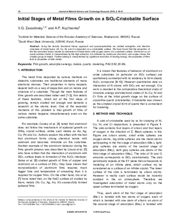 (PDF) Initial Stages of Metal Films Growth on a SiO2-Cristobalite Surface