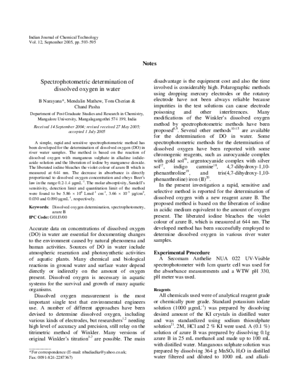 (PDF) Spectrophotometric determination of dissolved oxygen in water