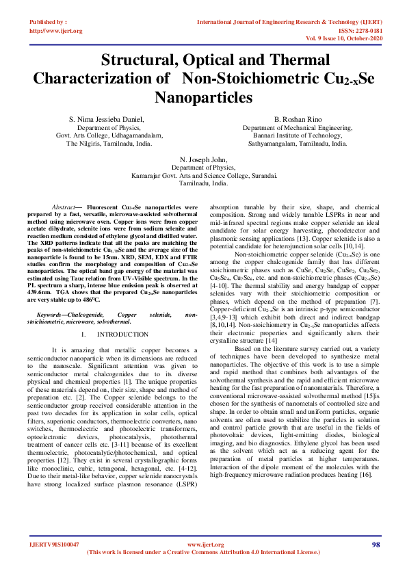 (PDF) Structural, Optical and Thermal Characterization of Non-Stoichiometric Cu2-xSe Nanoparticles
