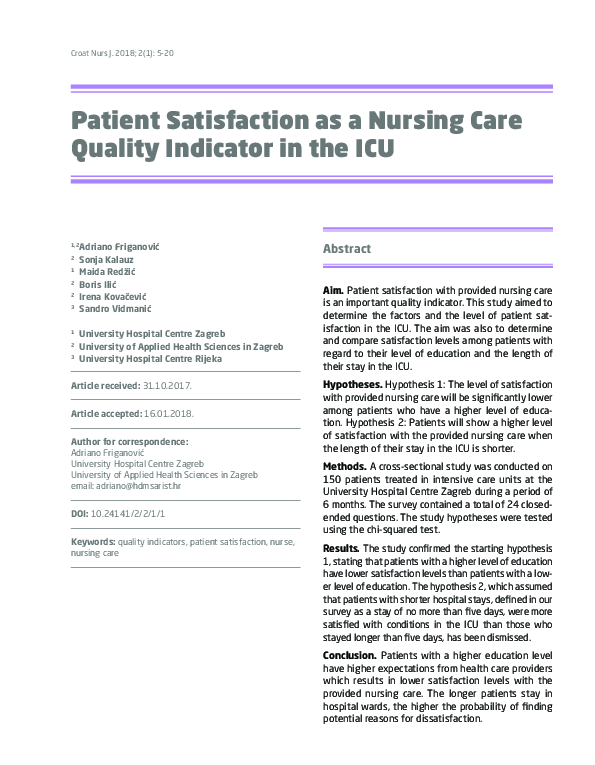 (PDF) Patient Satisfaction as a Nursing Care Quality Indicator in the ICU