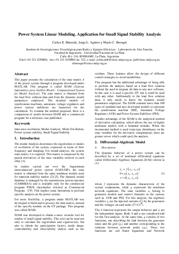 (PDF) Power System Linear Modeling . Application for Small Signal Stability Analysis