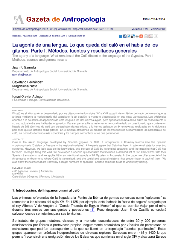 (PDF) The agony of a language. What remains of the Caló dialect in the ...