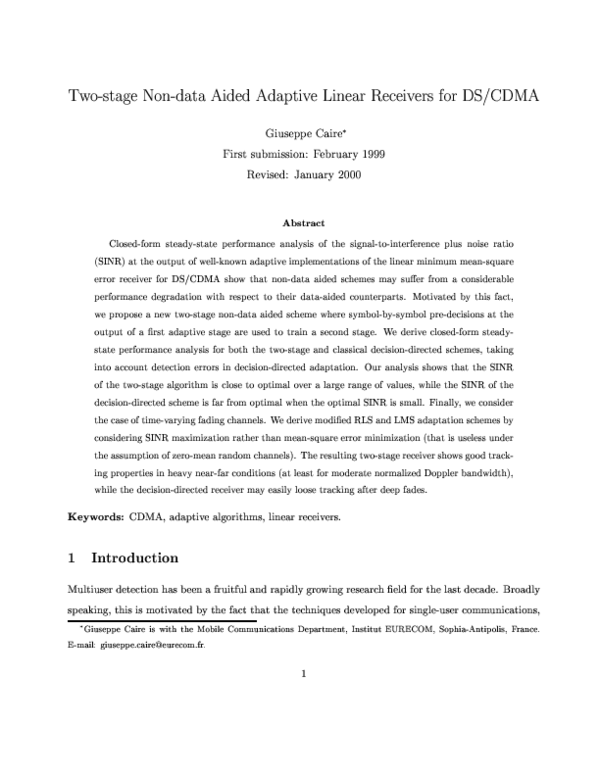 (PDF) Two-stage nondata-aided adaptive linear receivers for DS/CDMA | Giuseppe Caire - Academia.edu