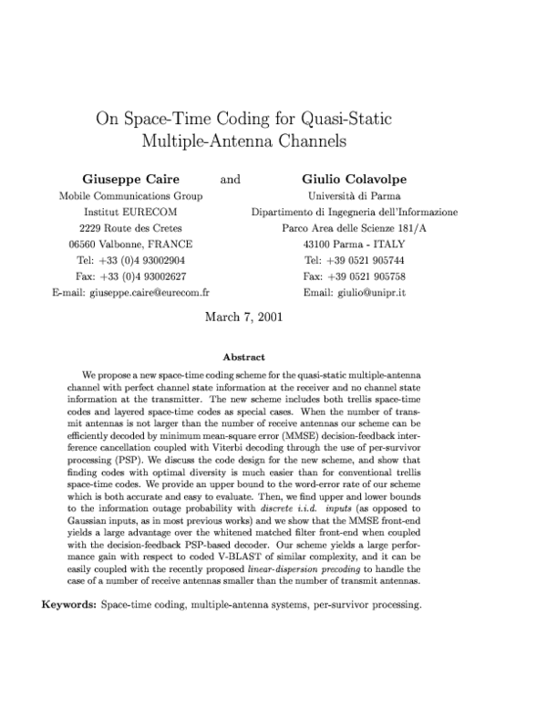 (PDF) On space-time coding for quasi-static multiple-antenna channels