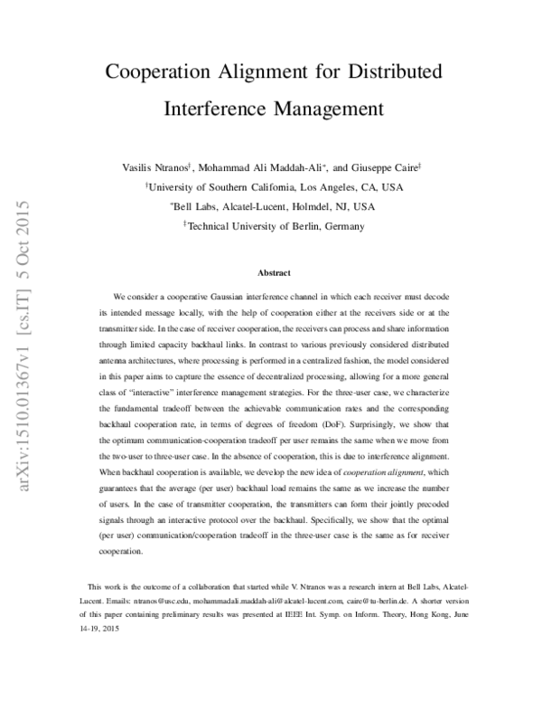 (PDF) Cooperation alignment for distributed interference management