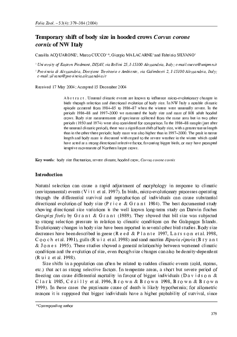 (PDF) Temporary shift of body size in hooded crows Corvus corone cornix of NW Italy