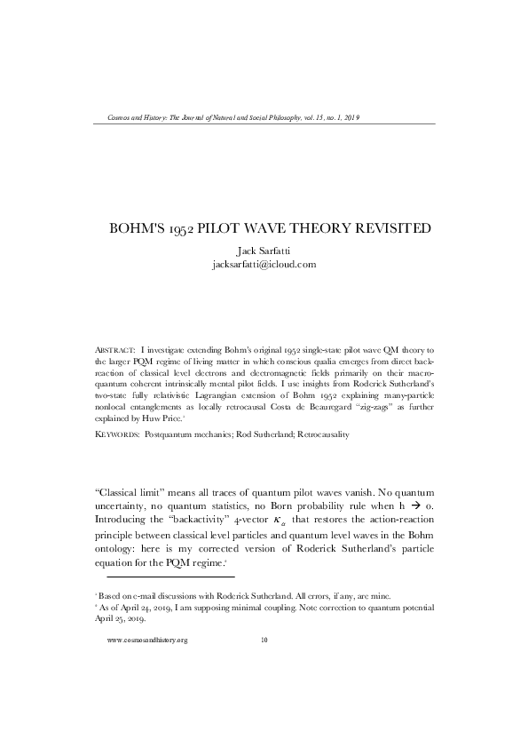 (PDF) Bohm's 1952 Pilot Wave Theory Revisited