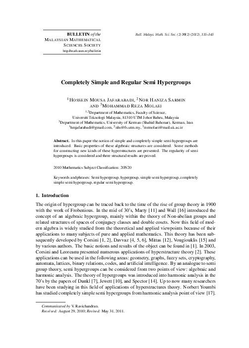 (PDF) Completely simple and regular semi hypergroups