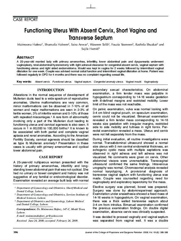 (PDF) Functioning uterus with absent cervix, short vagina and ...