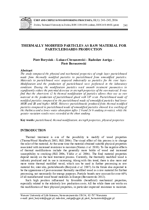 (PDF) Thermally modified particles as raw material for particleboards production
