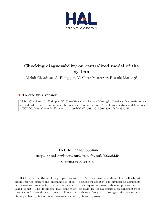 (PDF) Checking Diagnosability on Centralized Model of the System