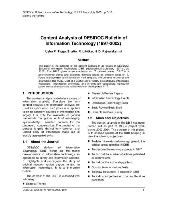 (PDF) Content analysis of DESIDOC Bulletin of Information Technology ...
