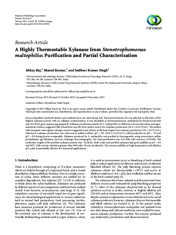 (PDF) A Highly Thermostable Xylanase from Stenotrophomonas maltophilia: Purification and Partial ...
