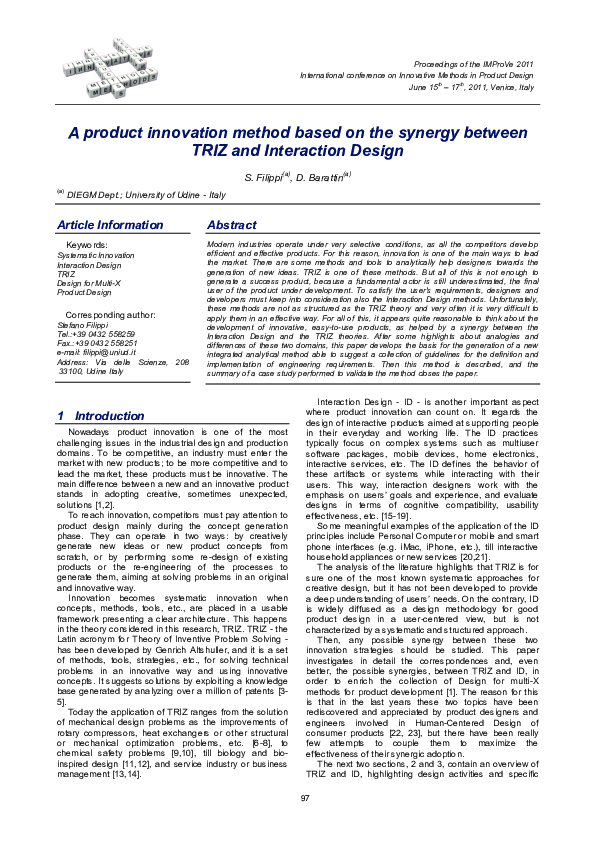 (PDF) A product innovation method based on the synergy between TRIZ and Interaction Design ...