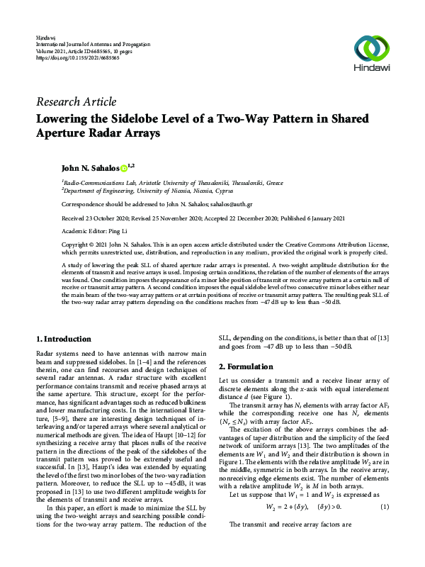 Pdf Lowering The Sidelobe Level Of A Two Way Pattern In Shared Aperture Radar Arrays