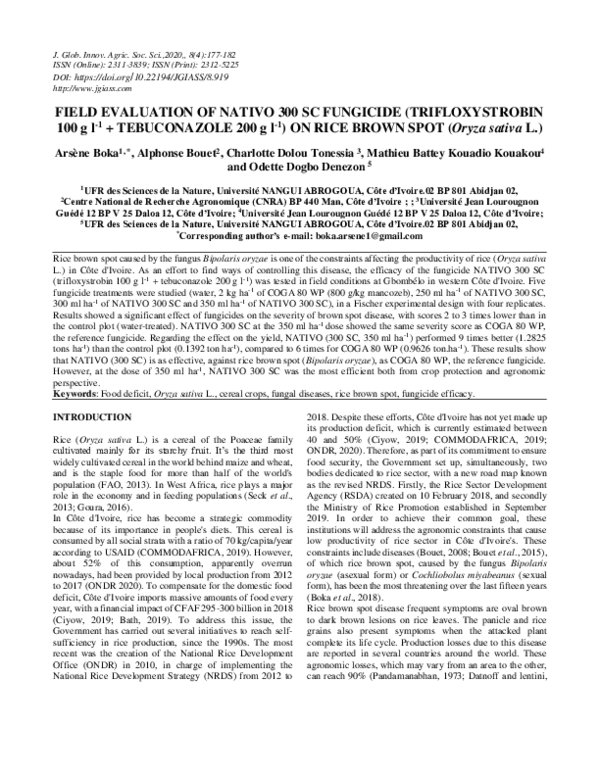 (PDF) FIELD EVALUATION OF NATIVO 300 SC FUNGICIDE (TRIFLOXYSTROBIN 100 ...