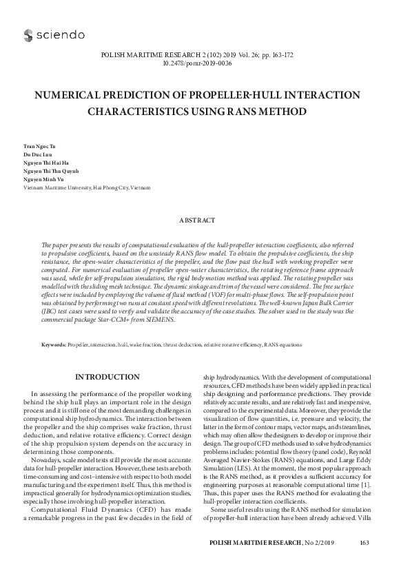 (PDF) Numerical Prediction of Propeller-Hull Interaction Characteristics Using RANS Method