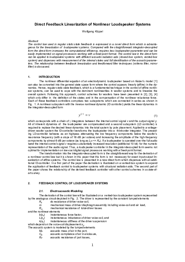 (PDF) Direct Feedback Linearization of Nonlinear Loudspeaker Systems